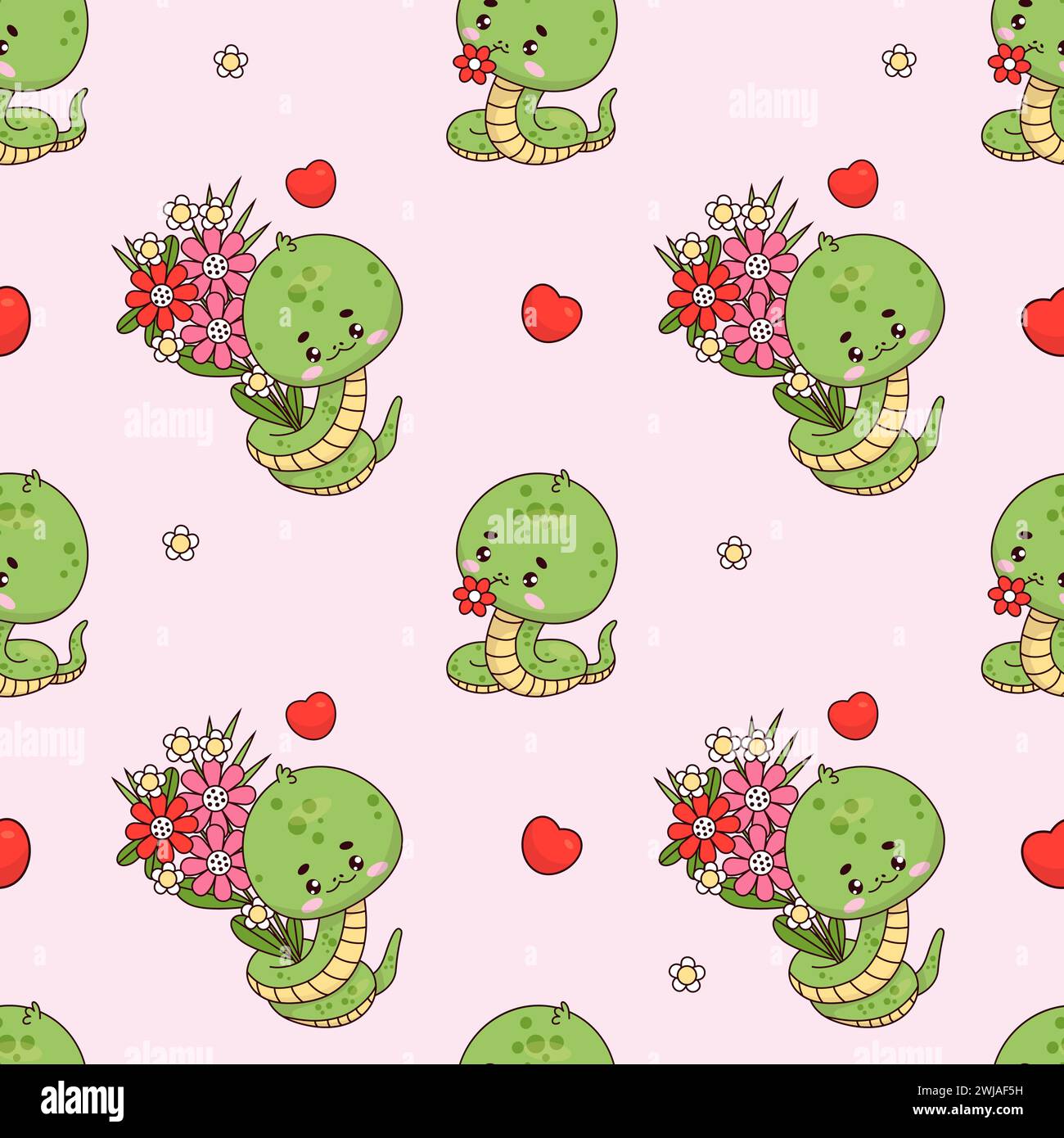 Seamless pattern with cute snake with flowers on pink background with ...