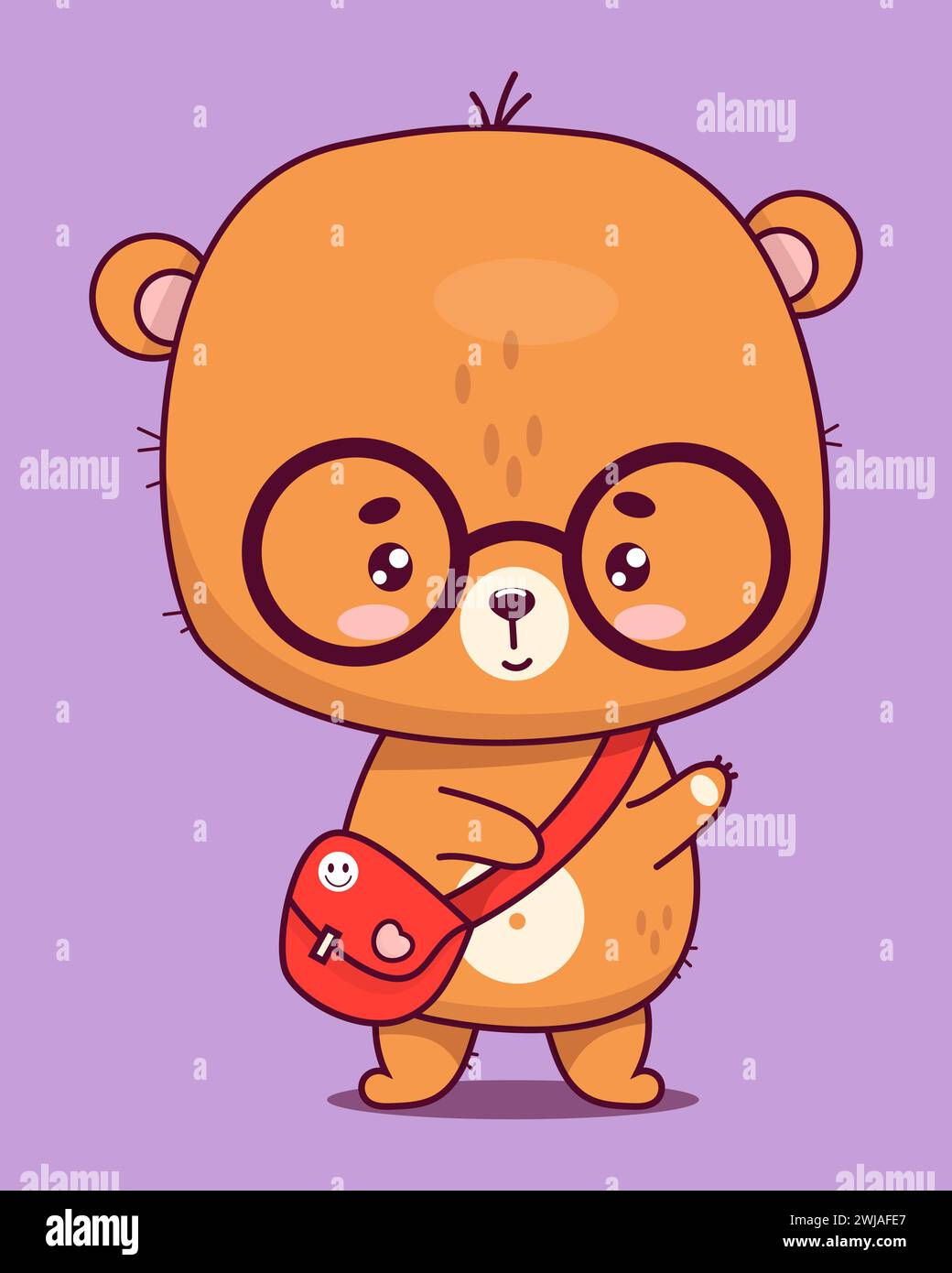 Funny smart bear cub in glasses with bag. Cute animal kawaii character ...