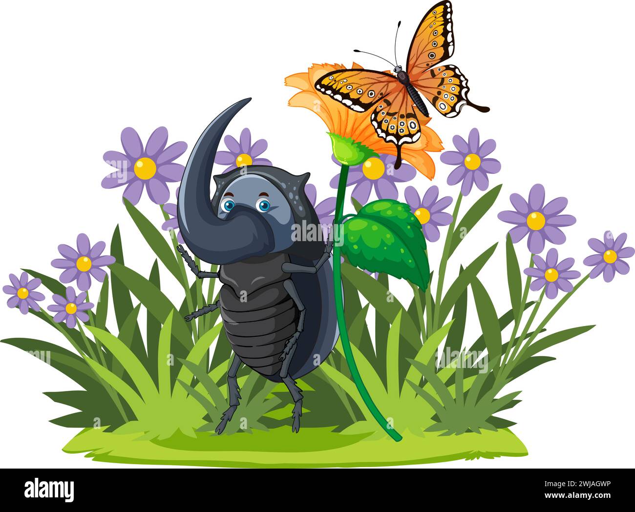 Cartoon beetle and butterfly among purple flowers Stock Vector Image ...