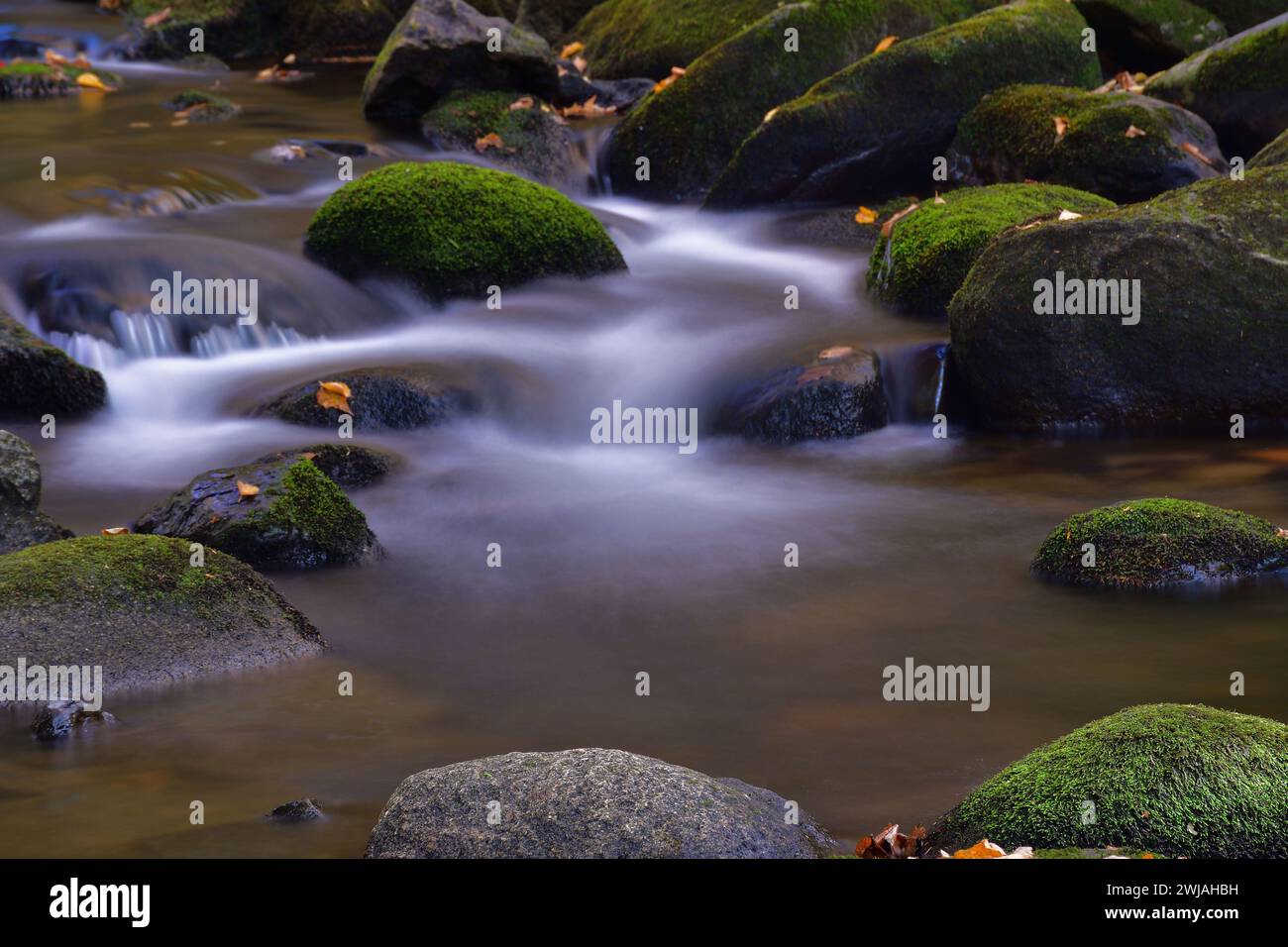 Beautiful water stream, boulders covered with moss. Long exposure ...
