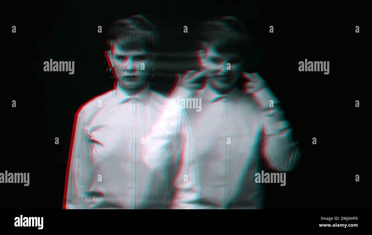 psychopath with mental disorders and insanity on a dark background. A ...