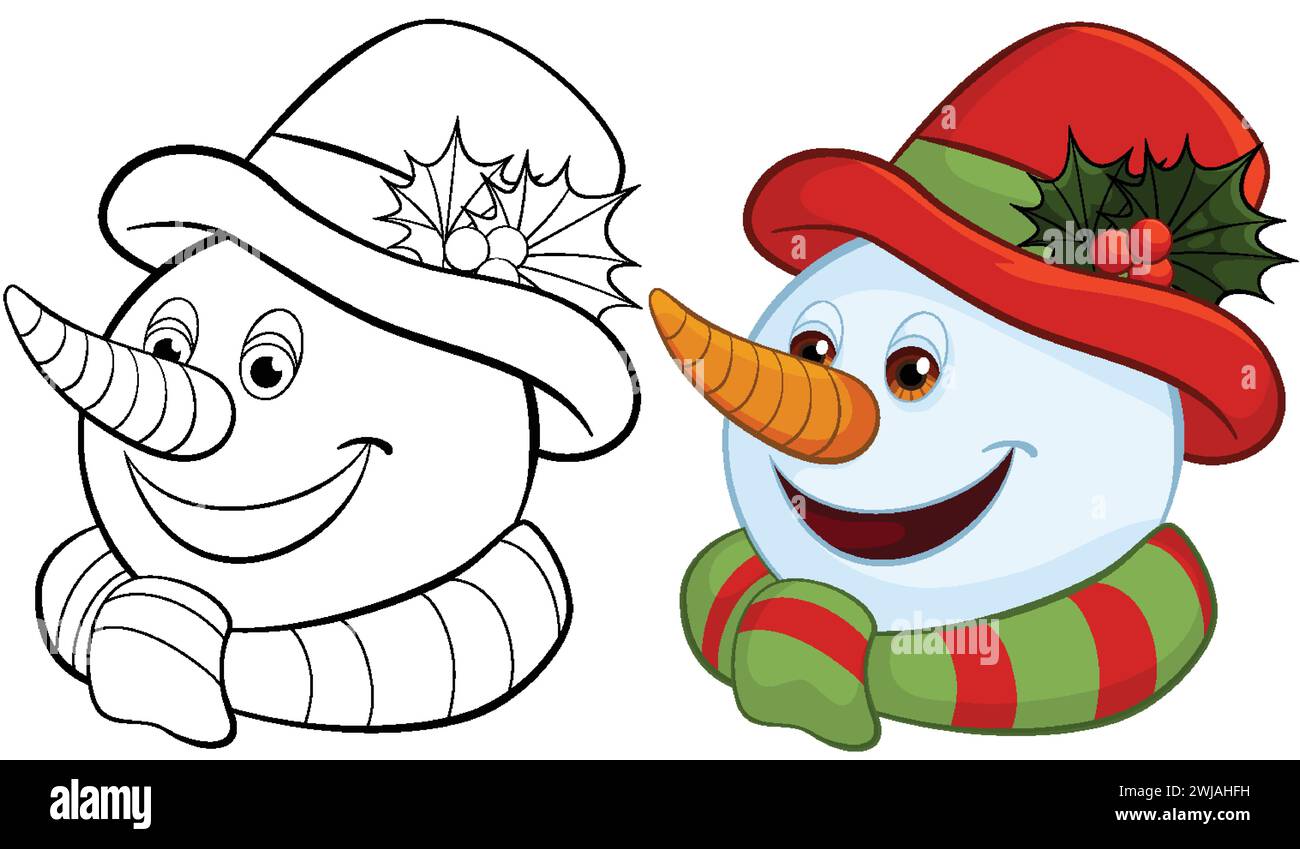 Two snowmen illustrations, one colored and one line art Stock Vector ...