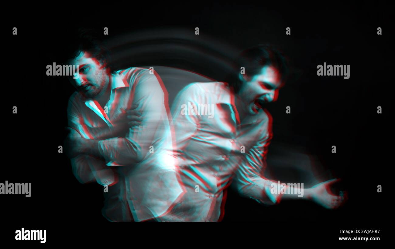 Abstract blurry portrait of a schizophrenic man with mental disorders ...