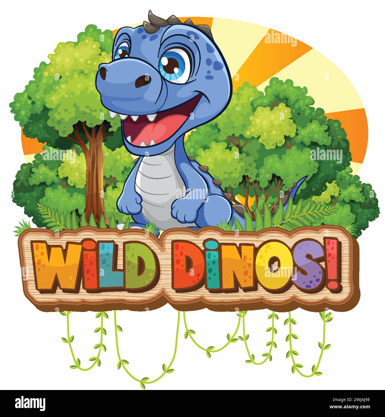 Happy blue dinosaur with a vibrant forest backdrop Stock Vector Image ...