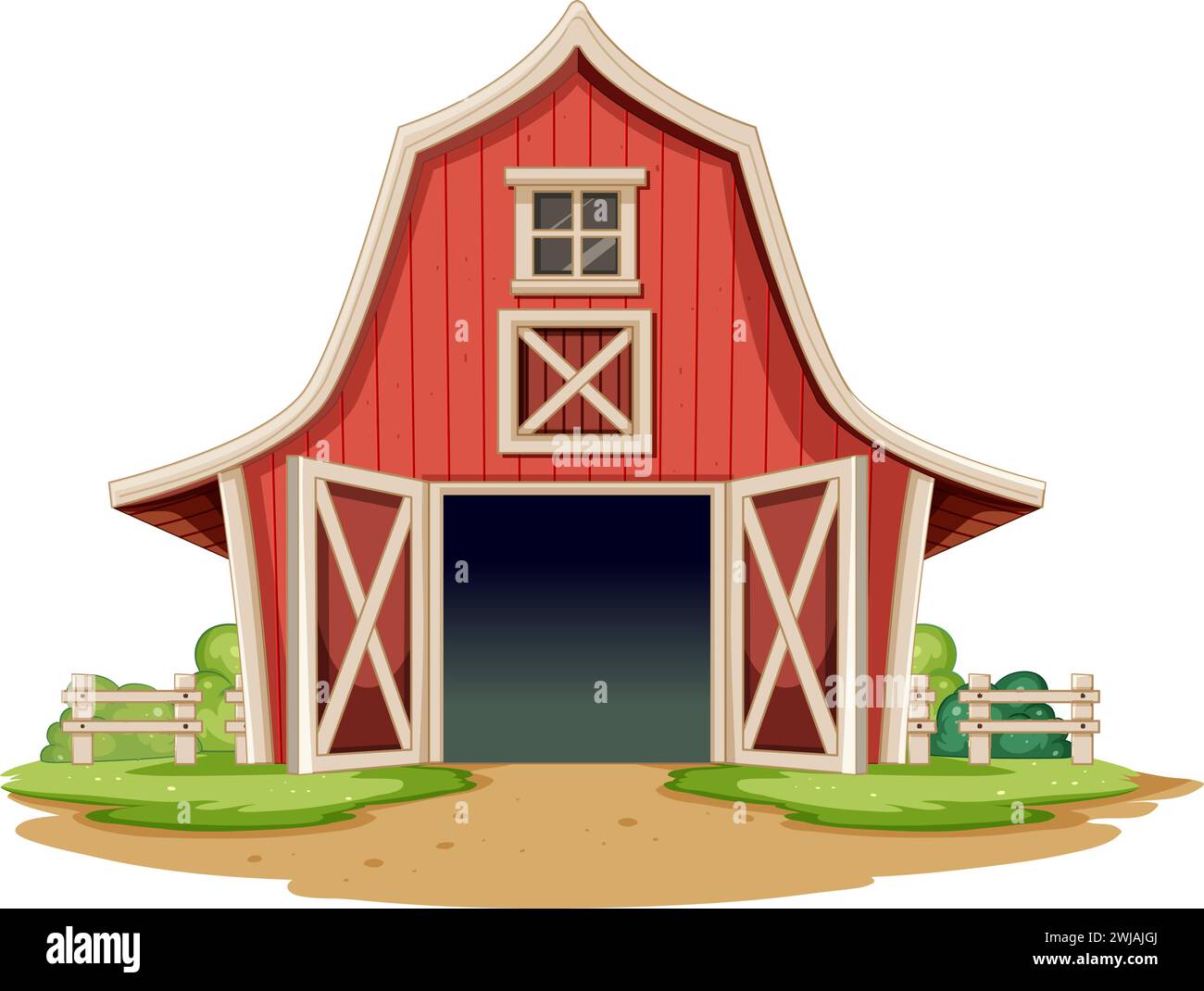 Cartoon-style red barn with open doors and fence Stock Vector Image ...