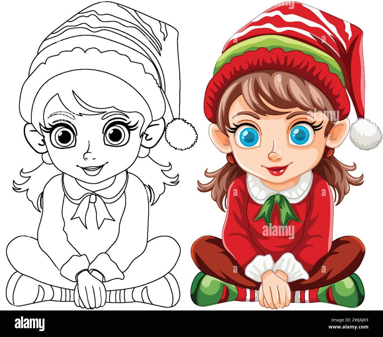 Black and white and colored Christmas elf drawings Stock Vector Image ...