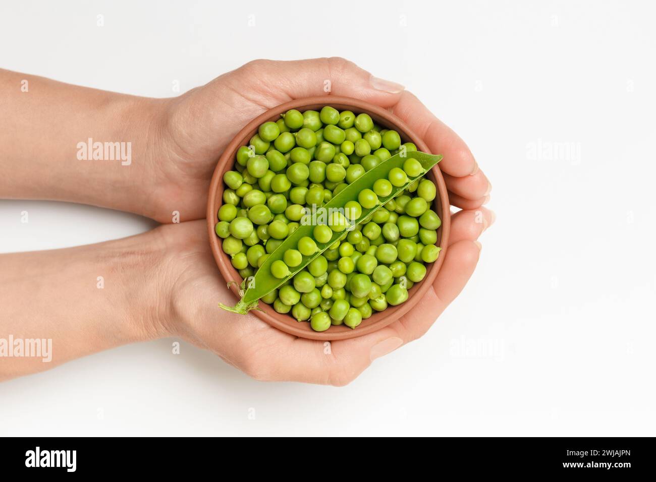 Peeled grains of organic green peas in a ceramic bowl in hands on a ...