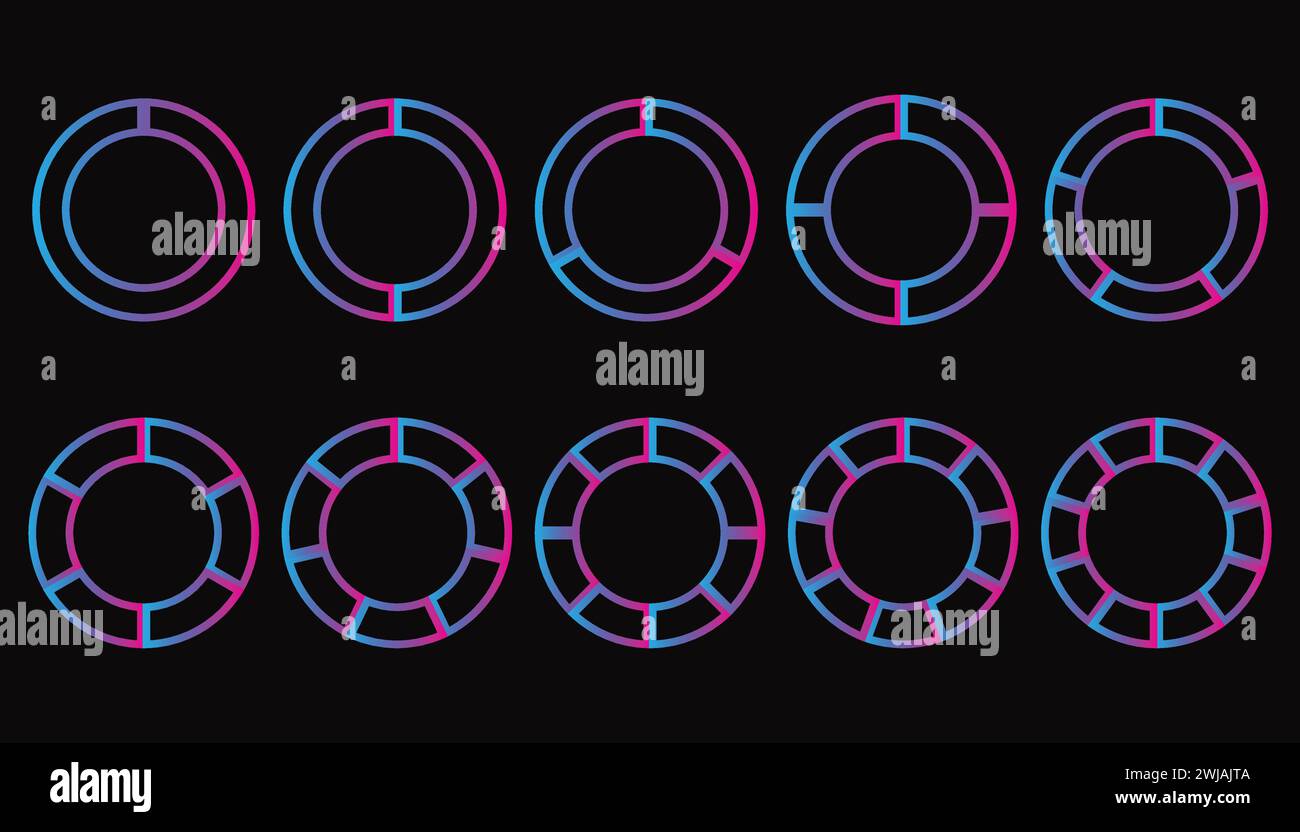 Set of different color circles pie charts diagrams. Various sectors divide the circle into equal ...