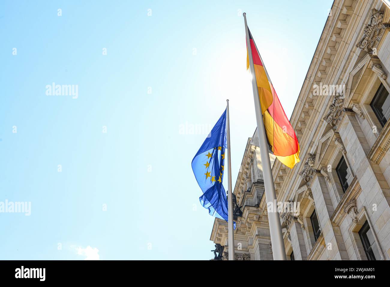 Germany and European Union flags near Reichstag building in Berlin ...