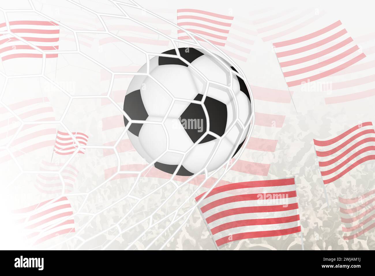 Soccer ball in the net with the red and white football club flag on ...