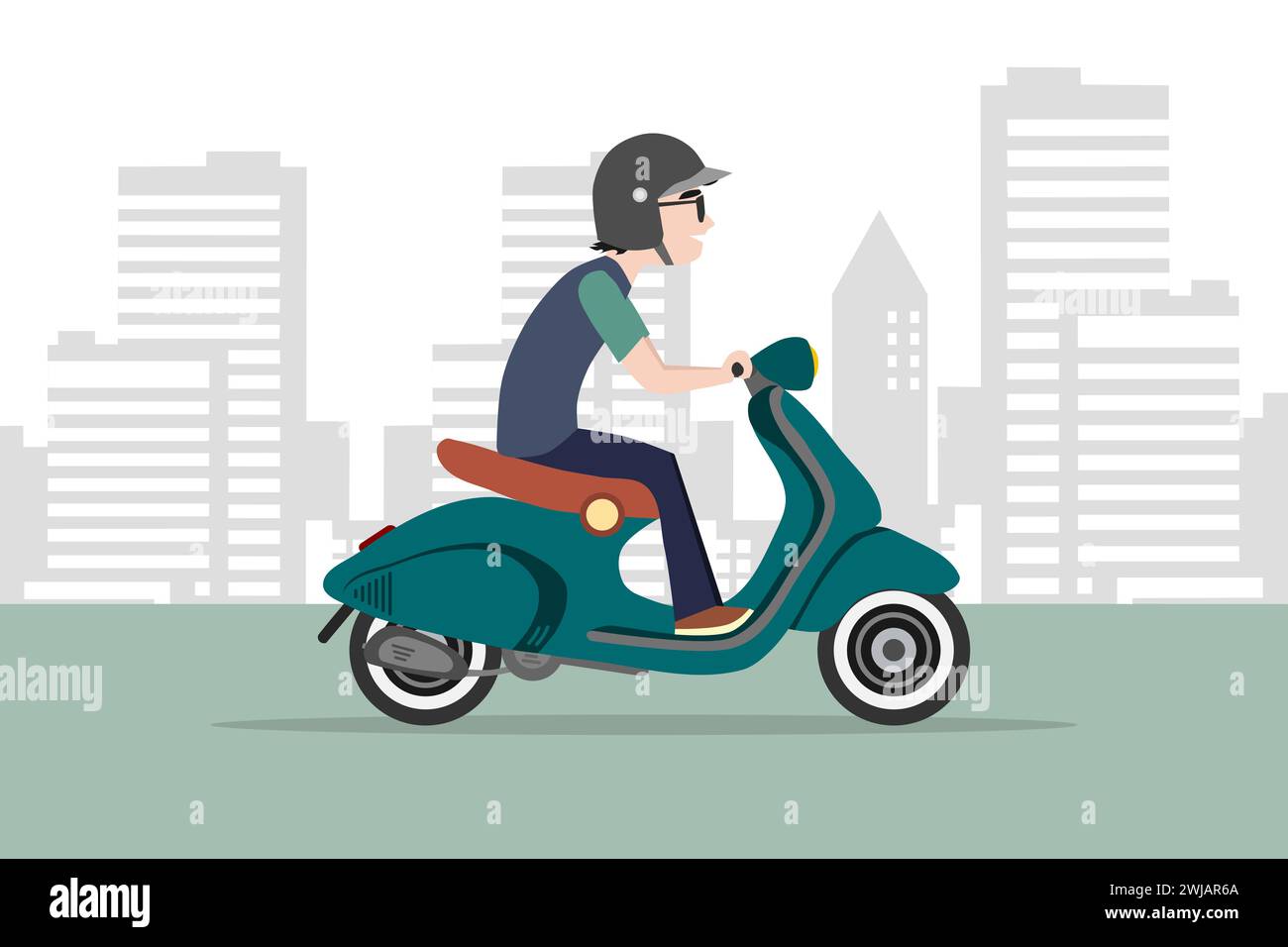 A man wearing helmet riding a motor scooter on the road with city ...