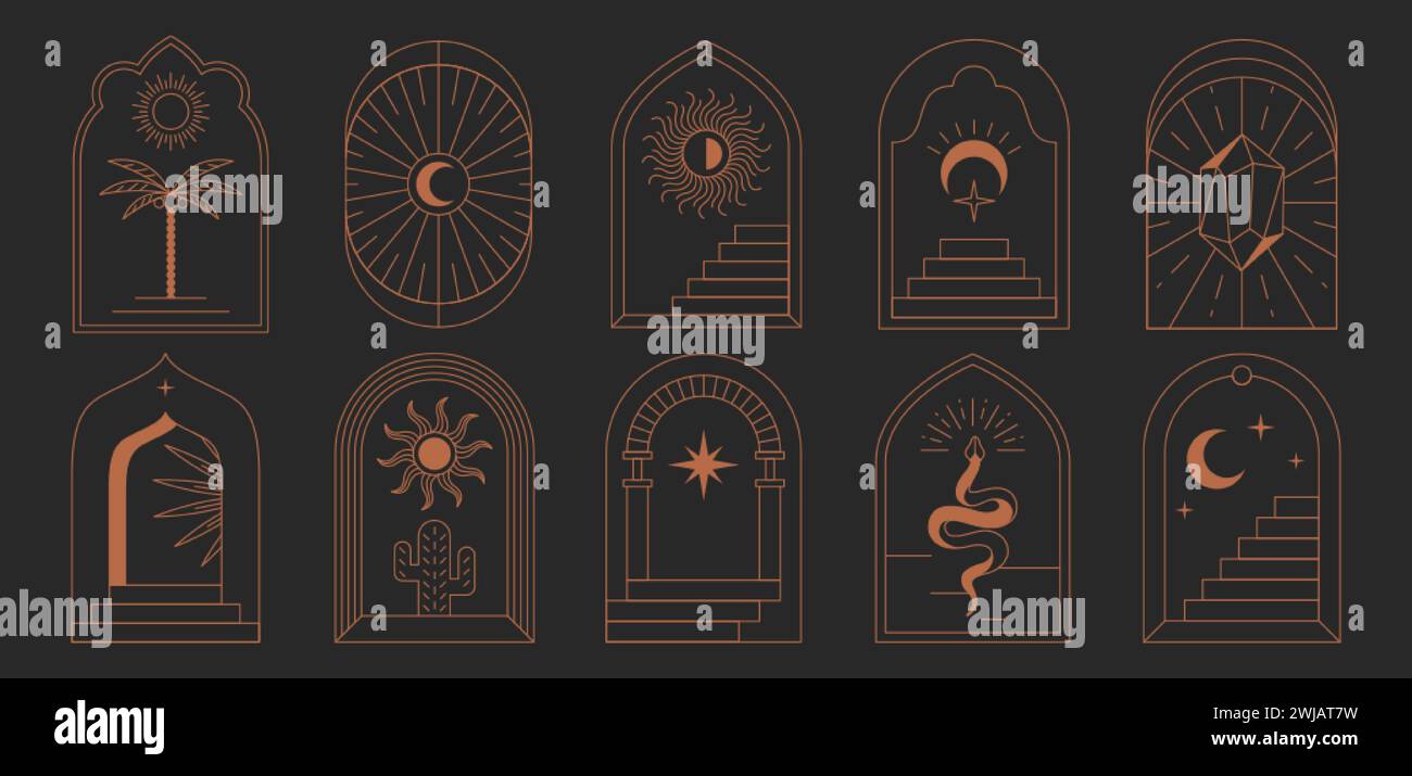 Boho frames in trendy linear style. Bohemian logos, mystical borders ...