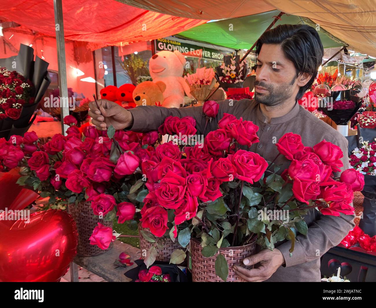 Islamabad, Pakistan. 14th Feb, 2024. Florist Muhammad Shezan sells ...