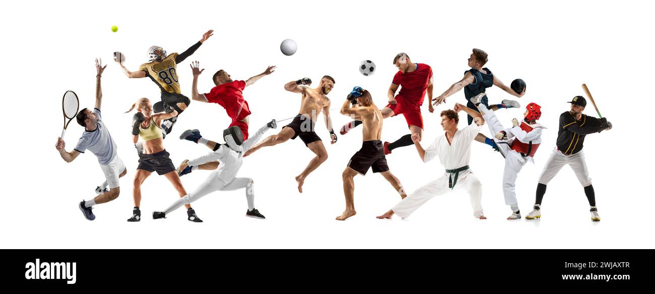 Collage made of competitive people, men and women, athletes of ...