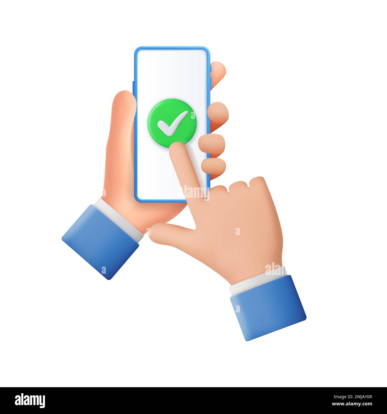 3d Hands hold blank smart phone with green check mark icon. Cartoon ...