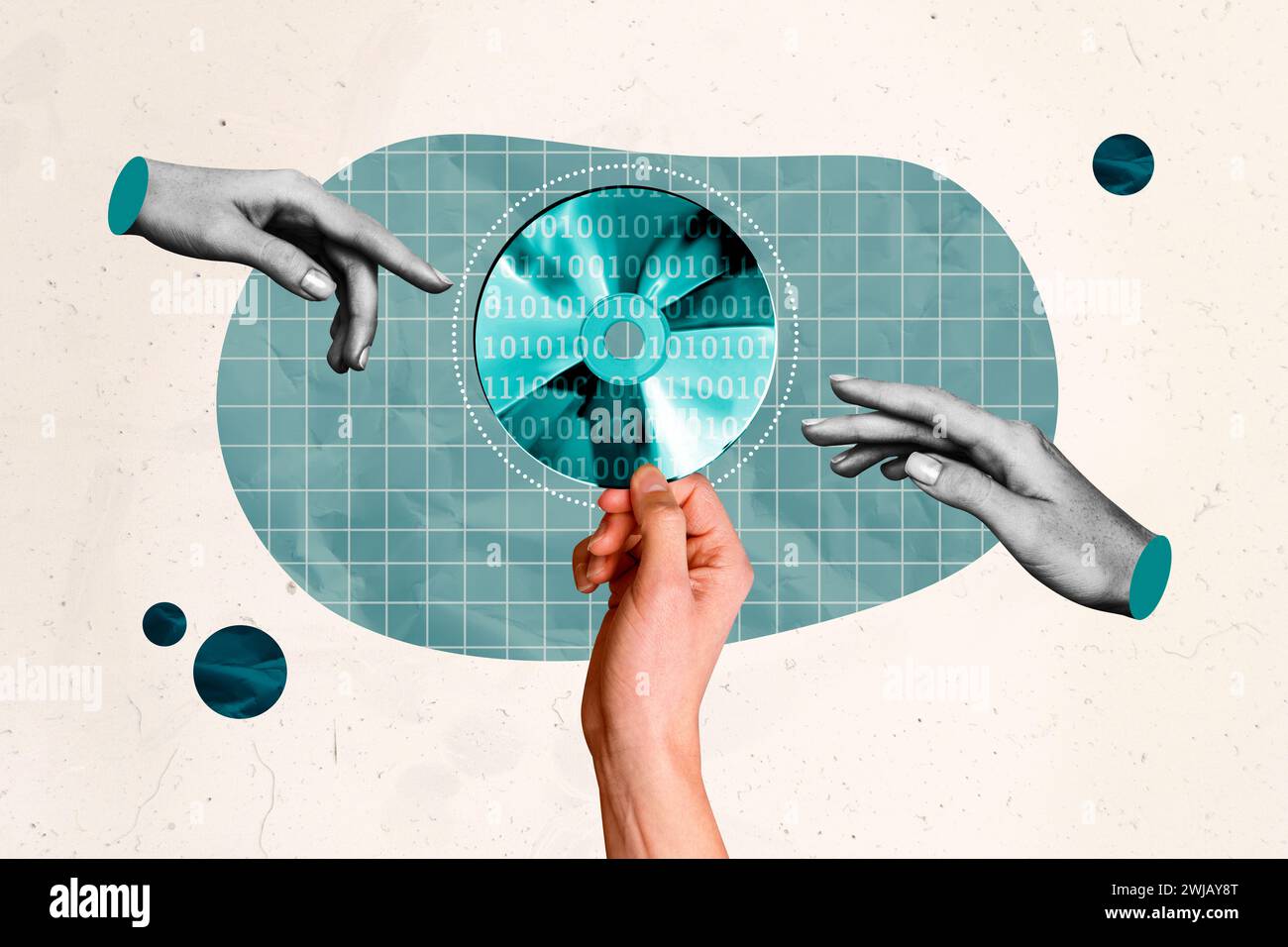 Creative collage picture human arms take computer hard disk digital ...