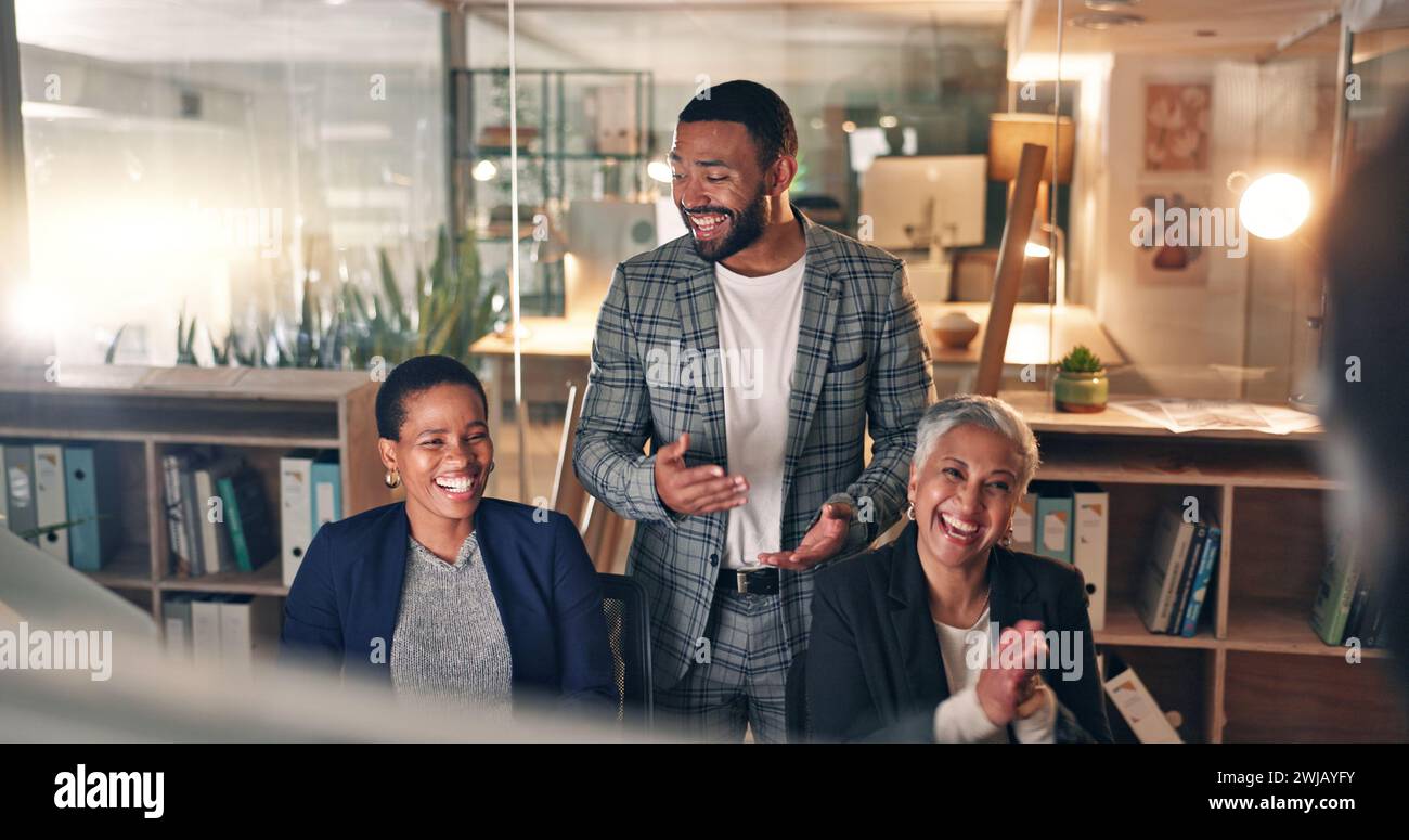 Presentation, clapping hands and business people celebrate in office ...