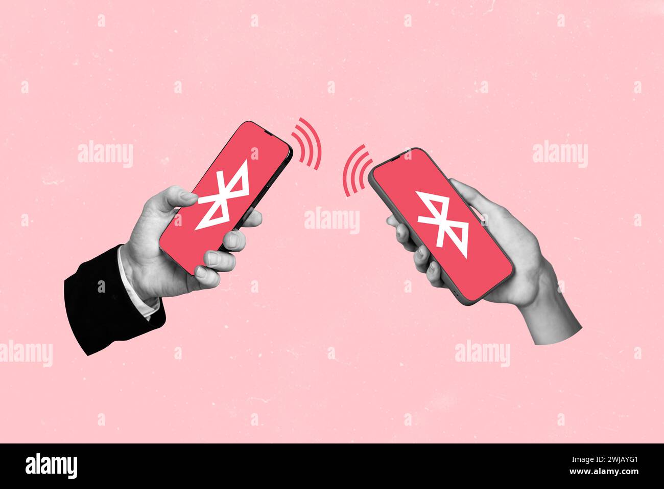 Creative artwork magazine poster of two hands hold phone transmit ...