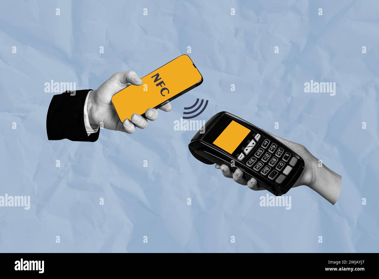 Composite image collage photo artwork of two arms one hold smartphone ...