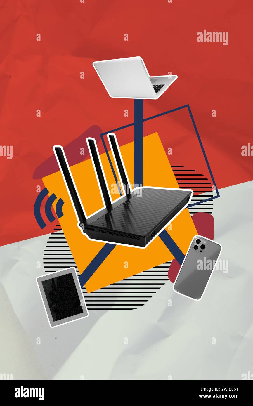 Vertical collage image of wifi router internet connection laptop smart ...
