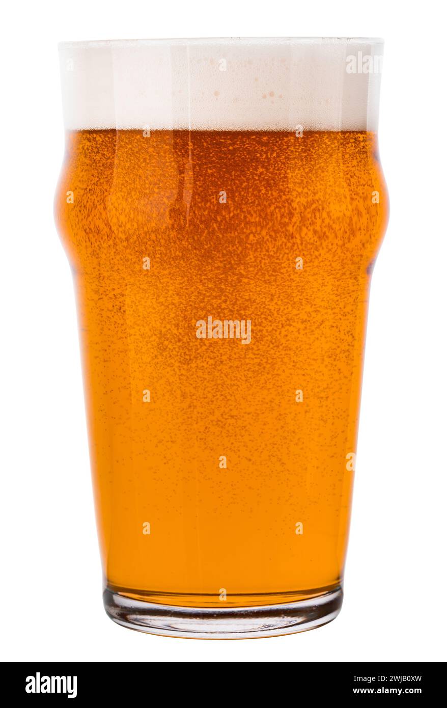 Full nonic pint glass of bubbling ale or beer isolated on white ...
