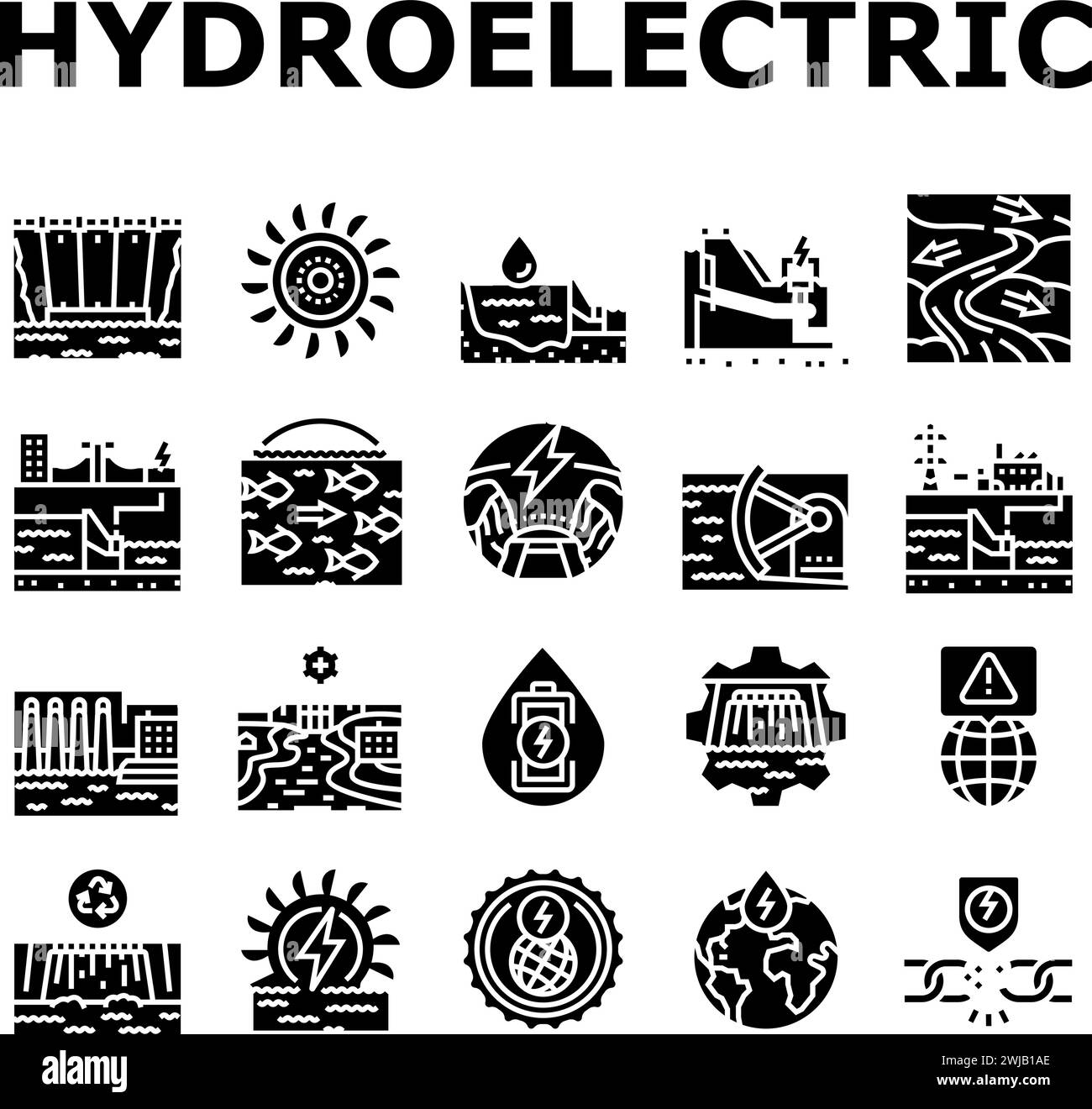 hydroelectric power plant energy icons set vector Stock Vector Image ...