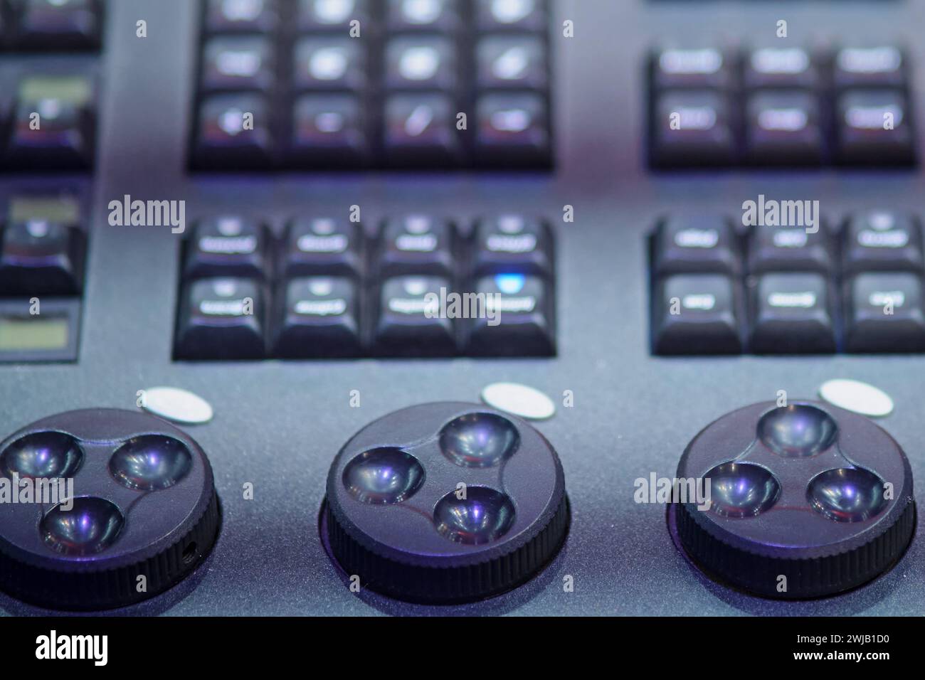 Audio mixing console, closeup of buttons and sliders in studio Stock ...