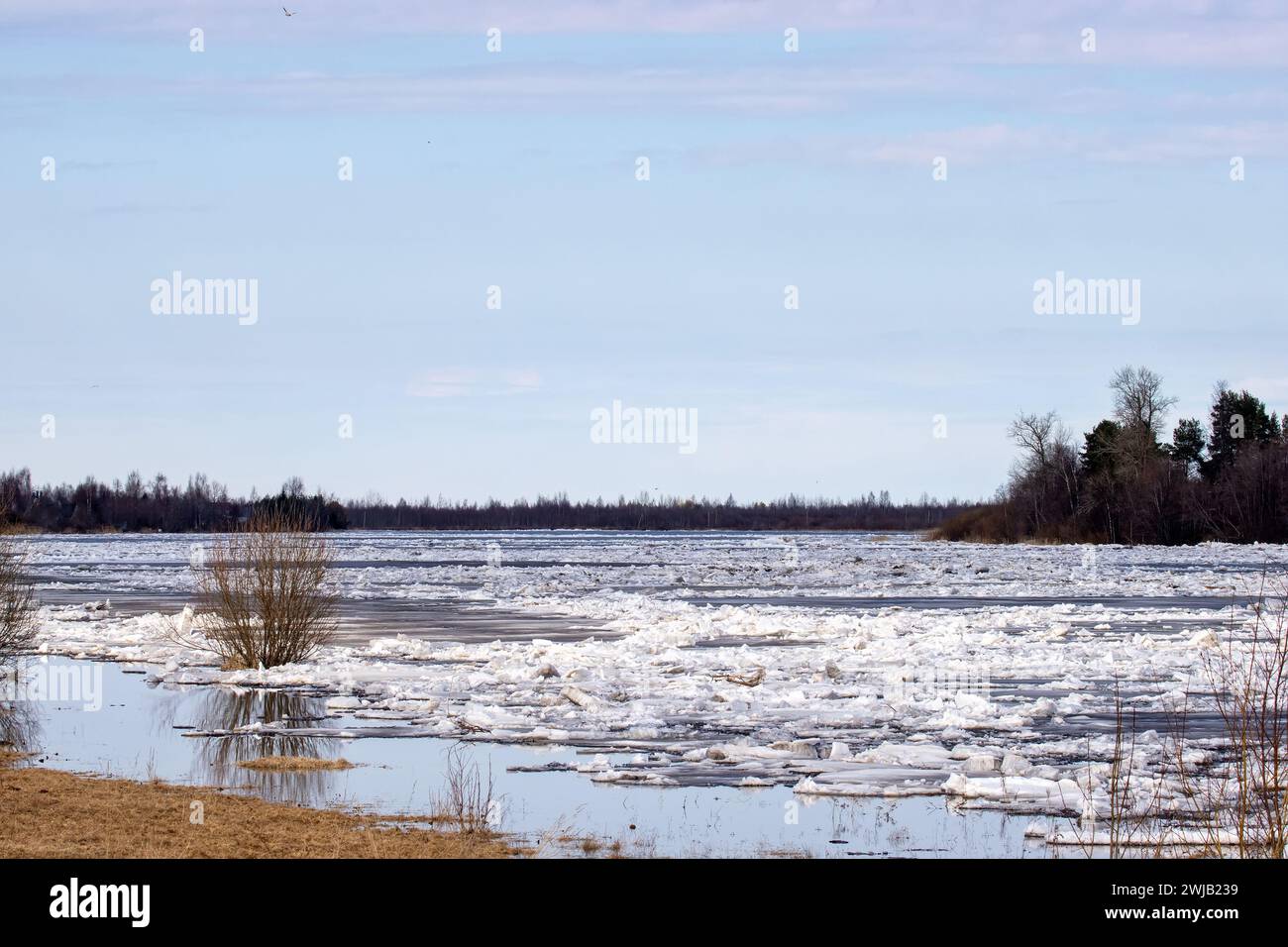 A landscape of an ice drift (ice-boom, debacle) on the northern river ...