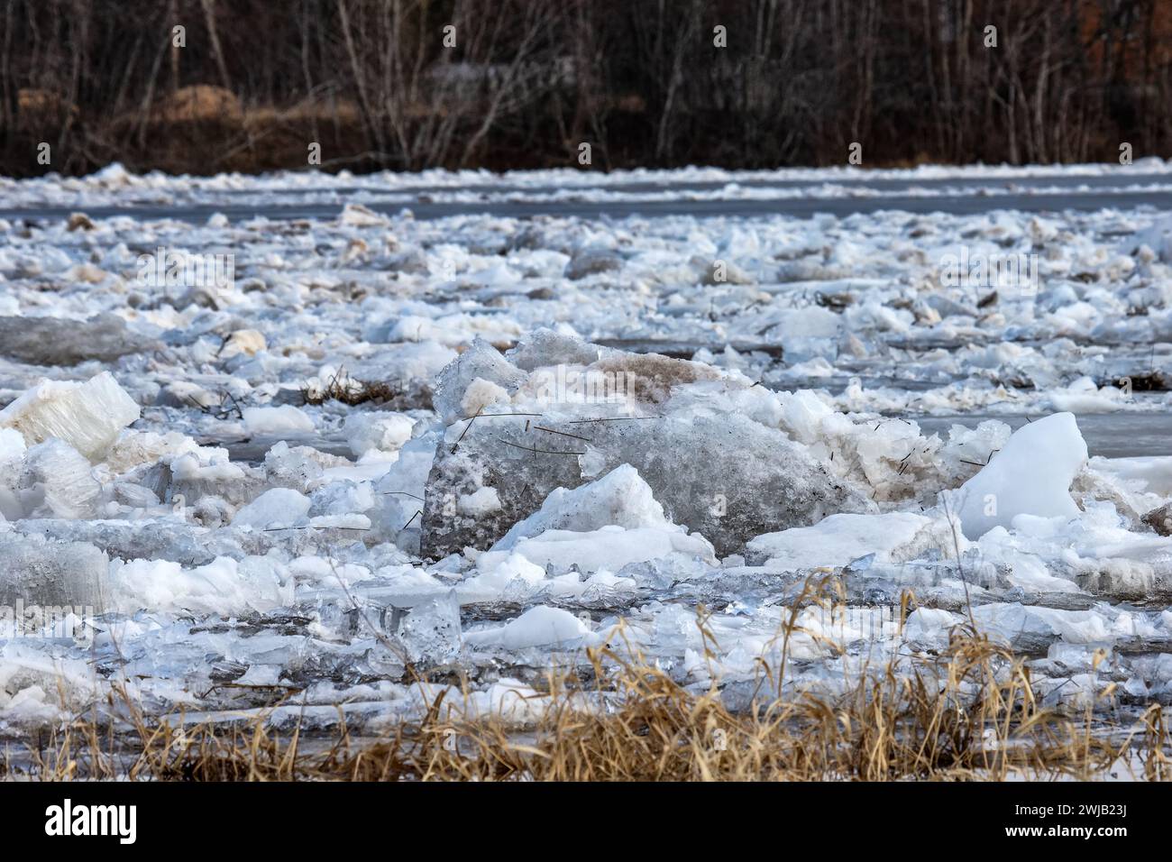 A landscape of an ice drift (ice-boom, debacle) on the northern river ...
