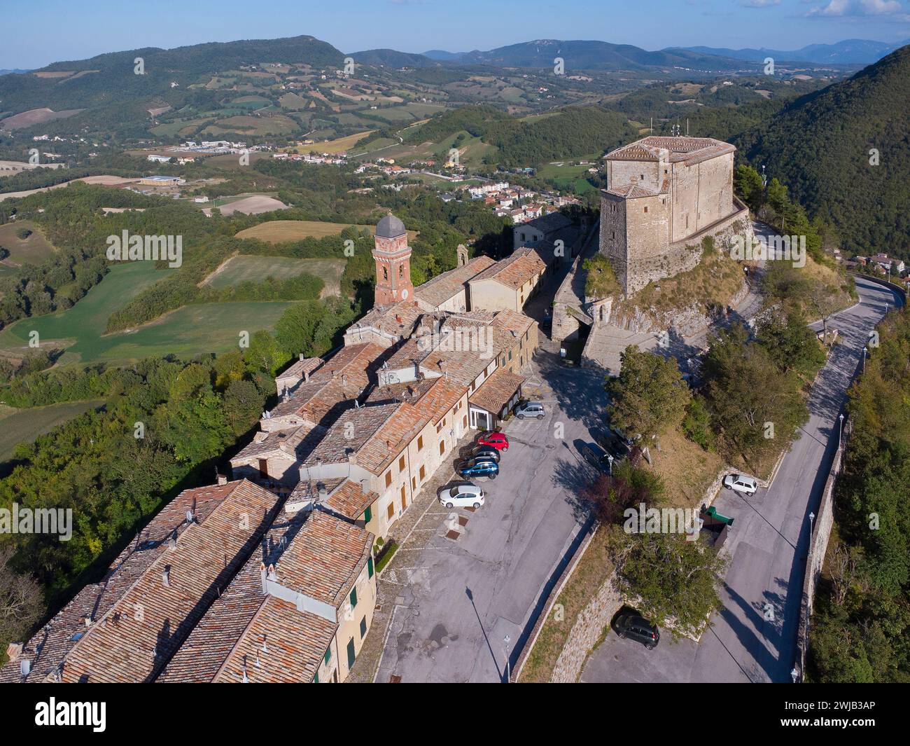 Pediment (Italy, Marche, Pesaro province), view of the castle with the ...