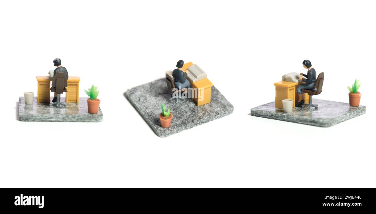 Miniature tiny people toy figure photography. Workspace station layout ...