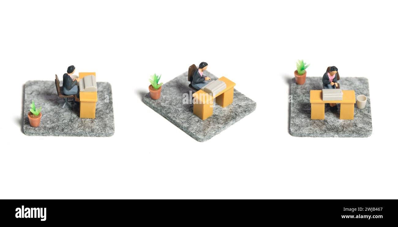 Miniature tiny people toy figure photography. Workspace station layout ...