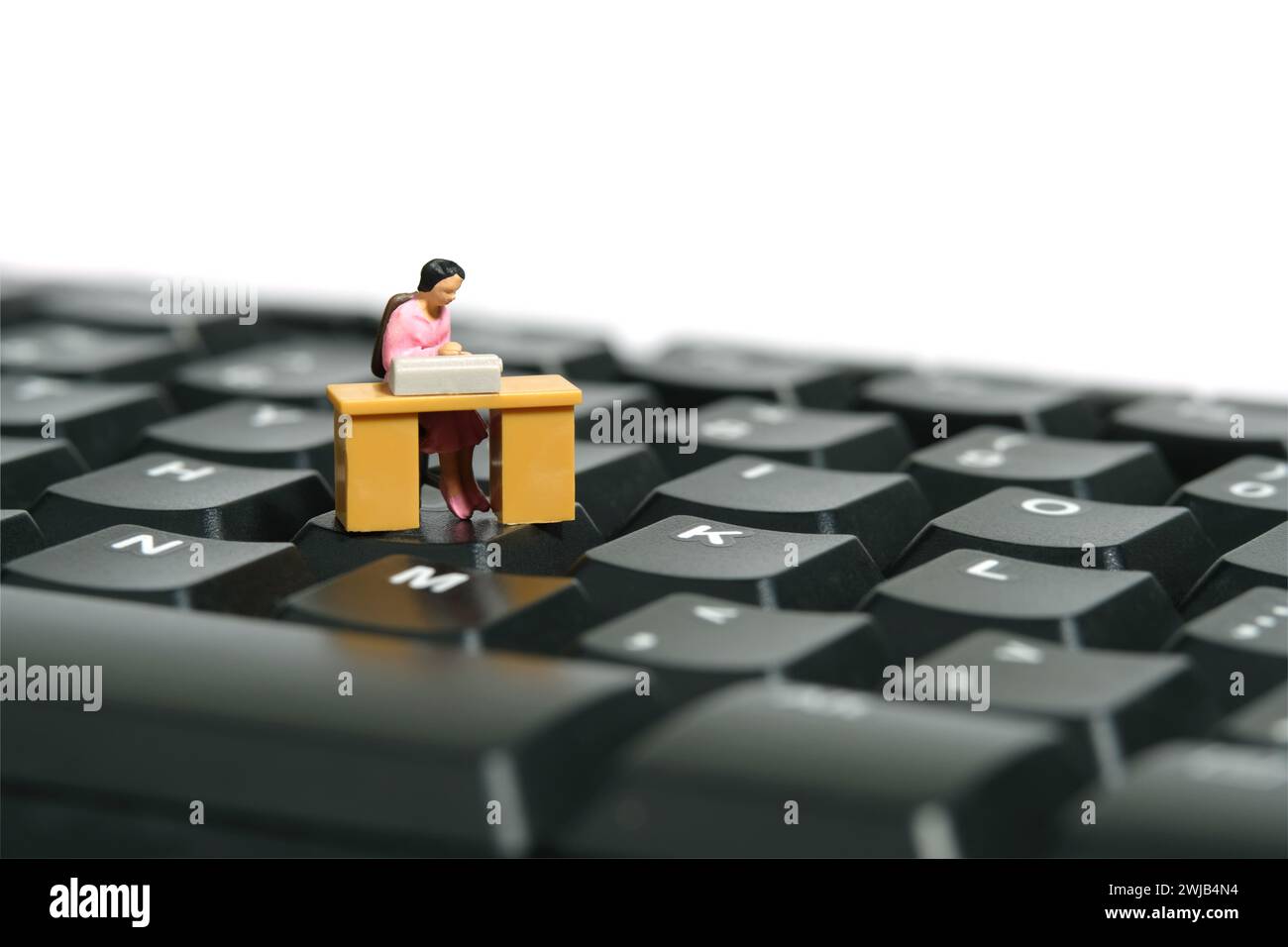 Miniature tiny people toy figure photography. A woman seat in the desk ...