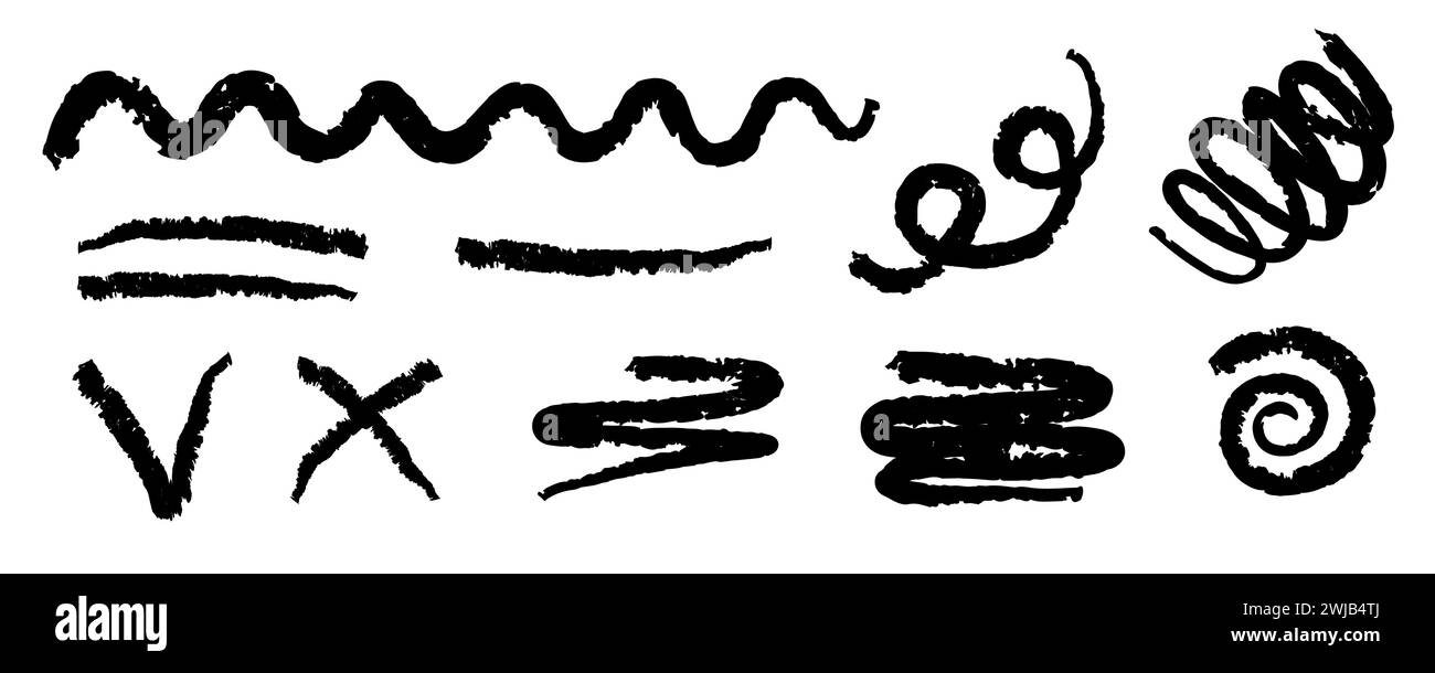 Hand Drawn Black Charcoal lines and squiggle set. Vector Wavy line ...