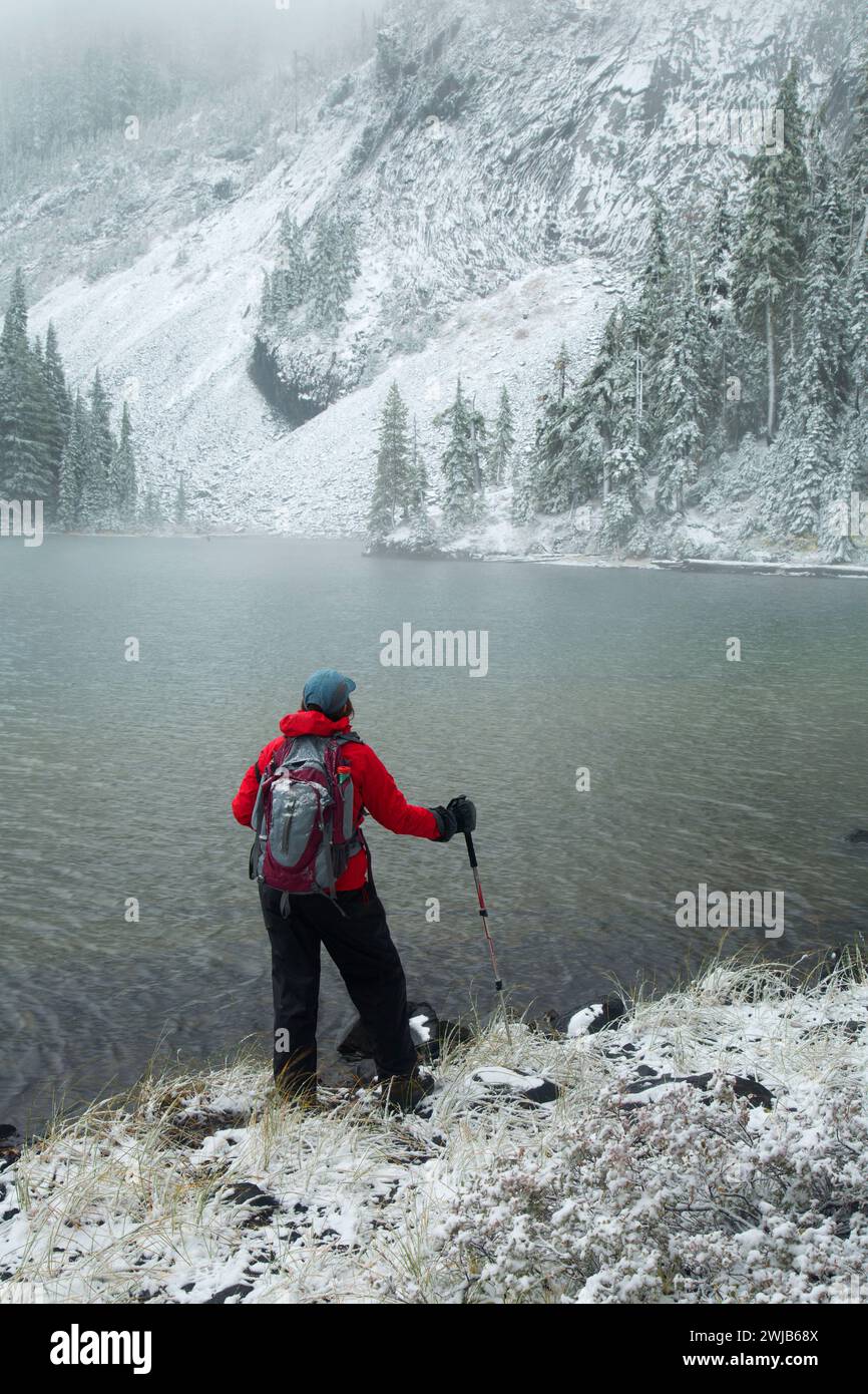 New snow at Indigo Lake with hiker on Indigo Lake Trail, Cascade Lakes ...