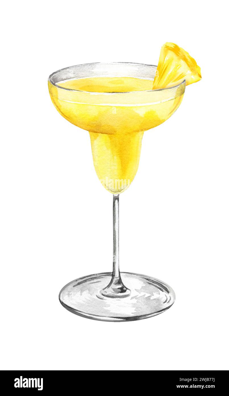 watercolor hand drawn illustration of pineapple cocktail with slices ...