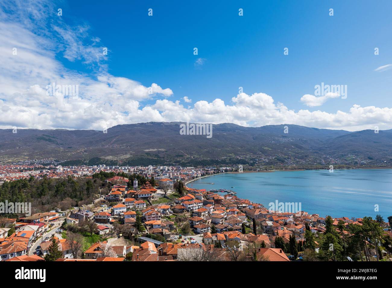 Aerial panorama of Ohrid Lake, city of Ohrid. Ohrid is a Macedonian ...