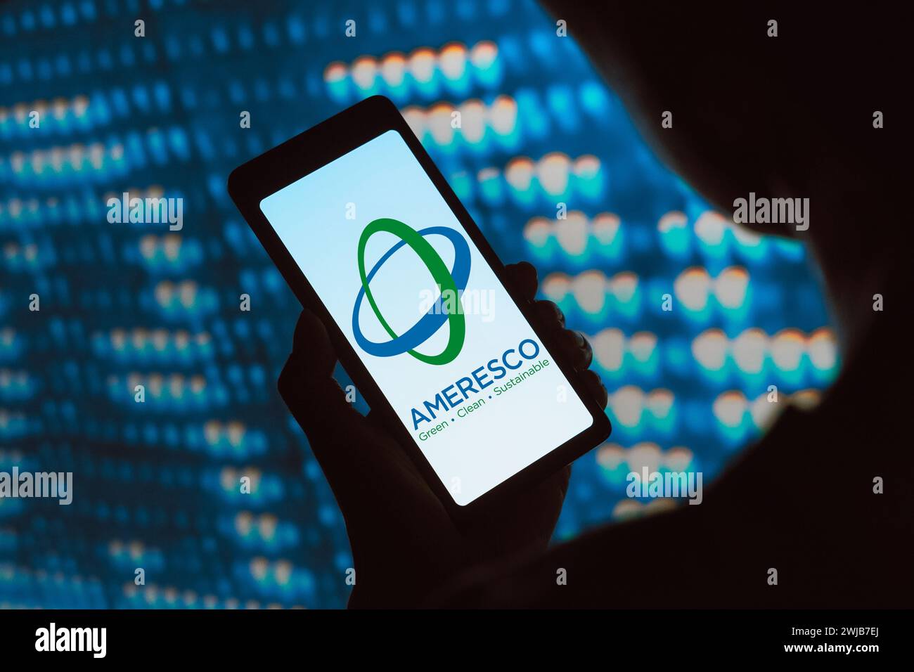 In this photo illustration, the Ameresco, Inc. logo is displayed on a smartphone screen Stock ...