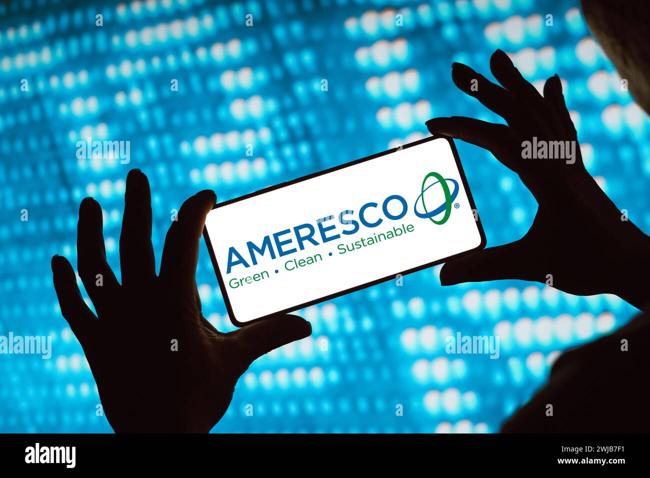 In this photo illustration, the Ameresco, Inc. logo is displayed on a smartphone screen Stock ...