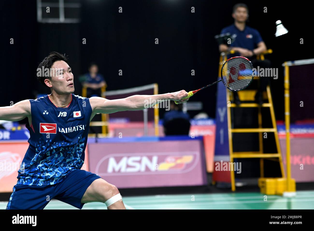 Shah Alam, Malaysia. 14th Feb, 2024. Momota Kento of Japan hits a ...