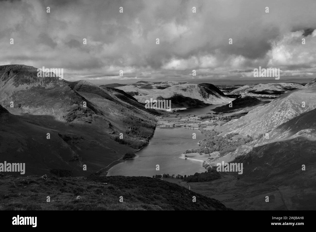 View over Buttermere from Fleetwith Pike Fell, Cumbria, Lake District ...
