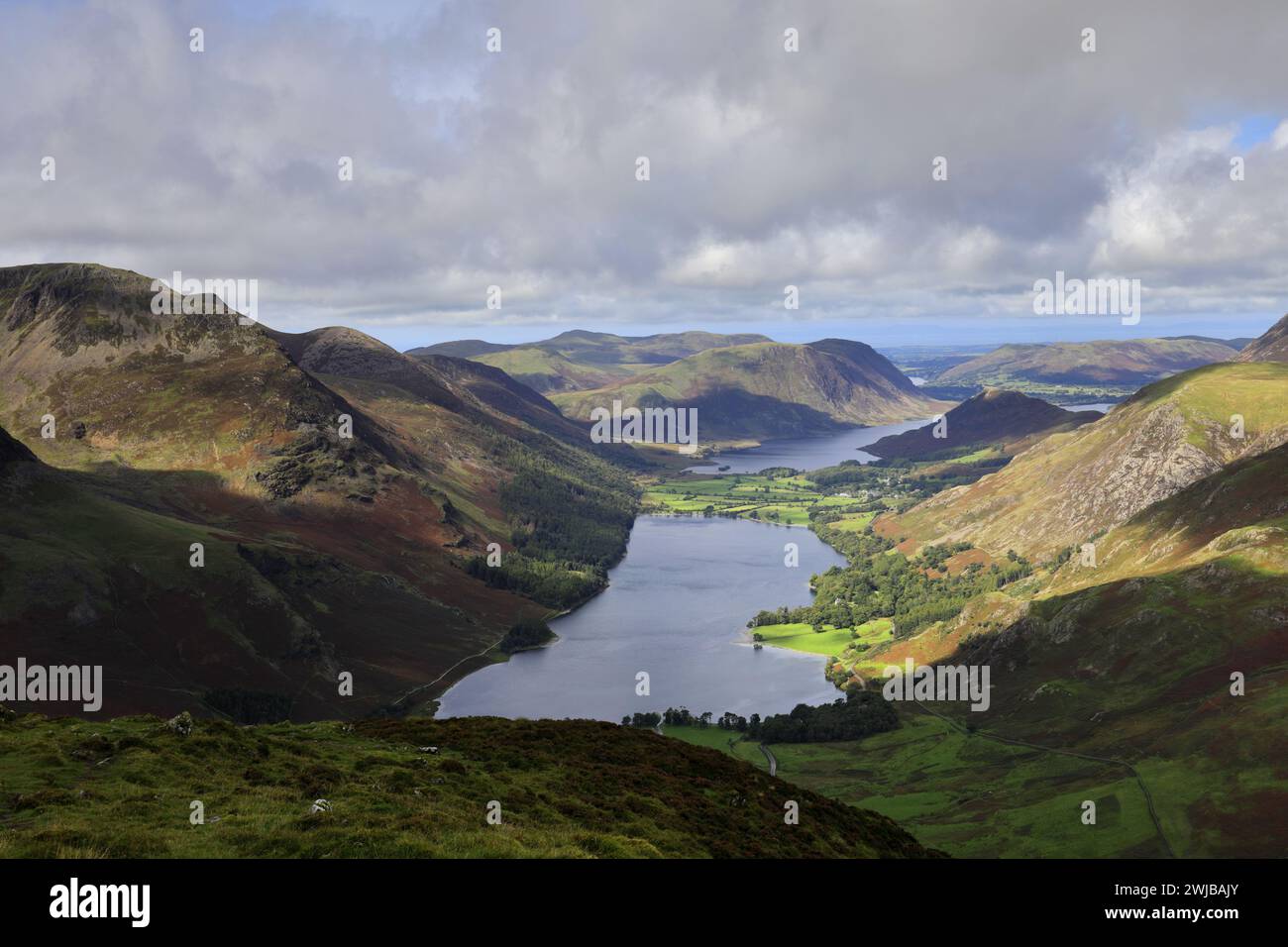 View over Buttermere from Fleetwith Pike Fell, Cumbria, Lake District ...