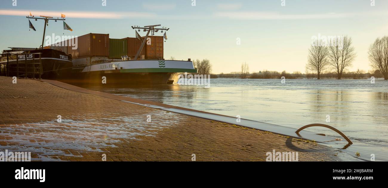 High water level of river IJssel at sunset with trees underwater on the ...