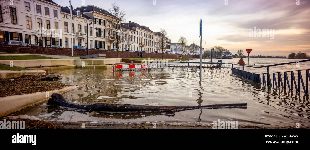 High water level of river IJssel with crush barrier under water at the ...