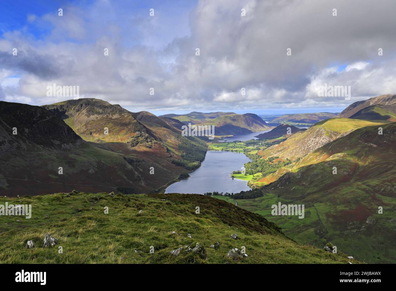 View over Buttermere from Fleetwith Pike Fell, Cumbria, Lake District ...