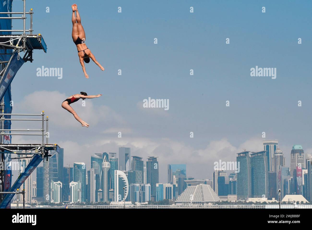 Doha, Qatar. 14th Feb, 2024. Athletes train before the high diving 20m ...