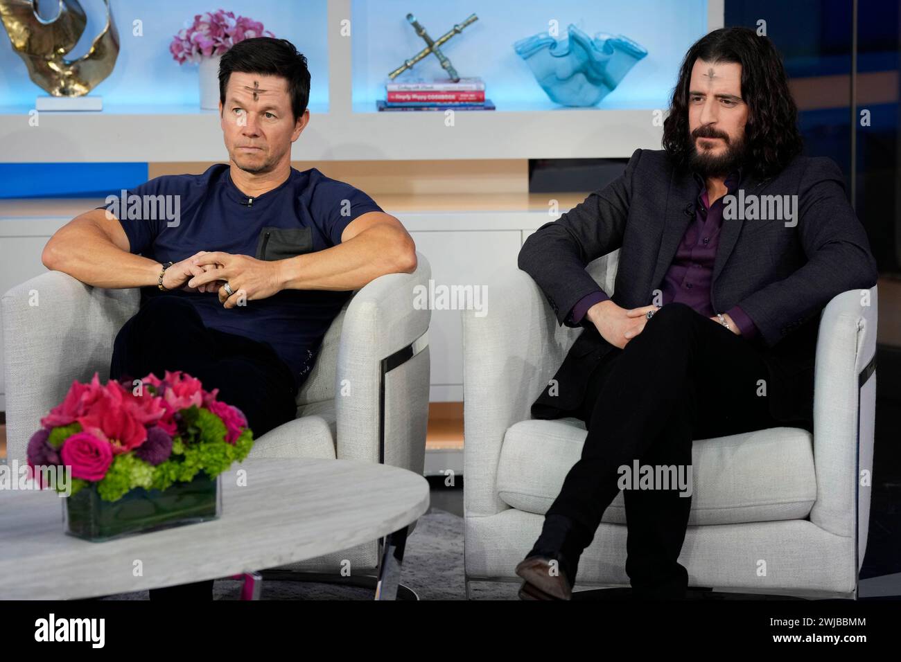 Mark Wahlberg, left, and Jonathan Roumie appear on "Fox & Friends" to ...