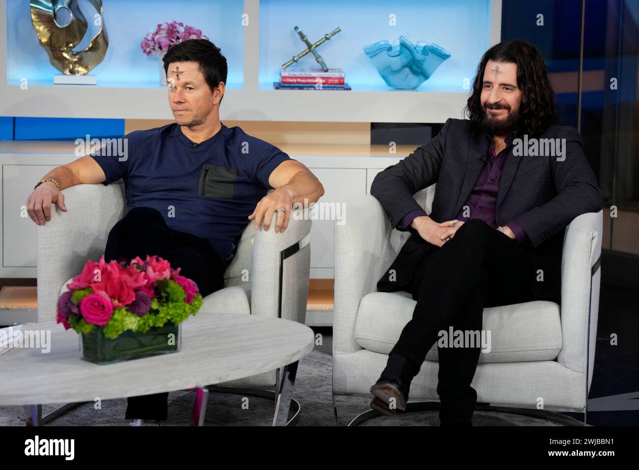 Mark Wahlberg, left, and Jonathan Roumie appear on "Fox & Friends" to ...