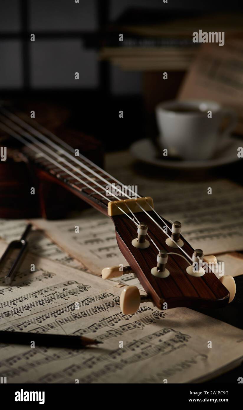 The ukulele musical instrument was photographed against a dark ...