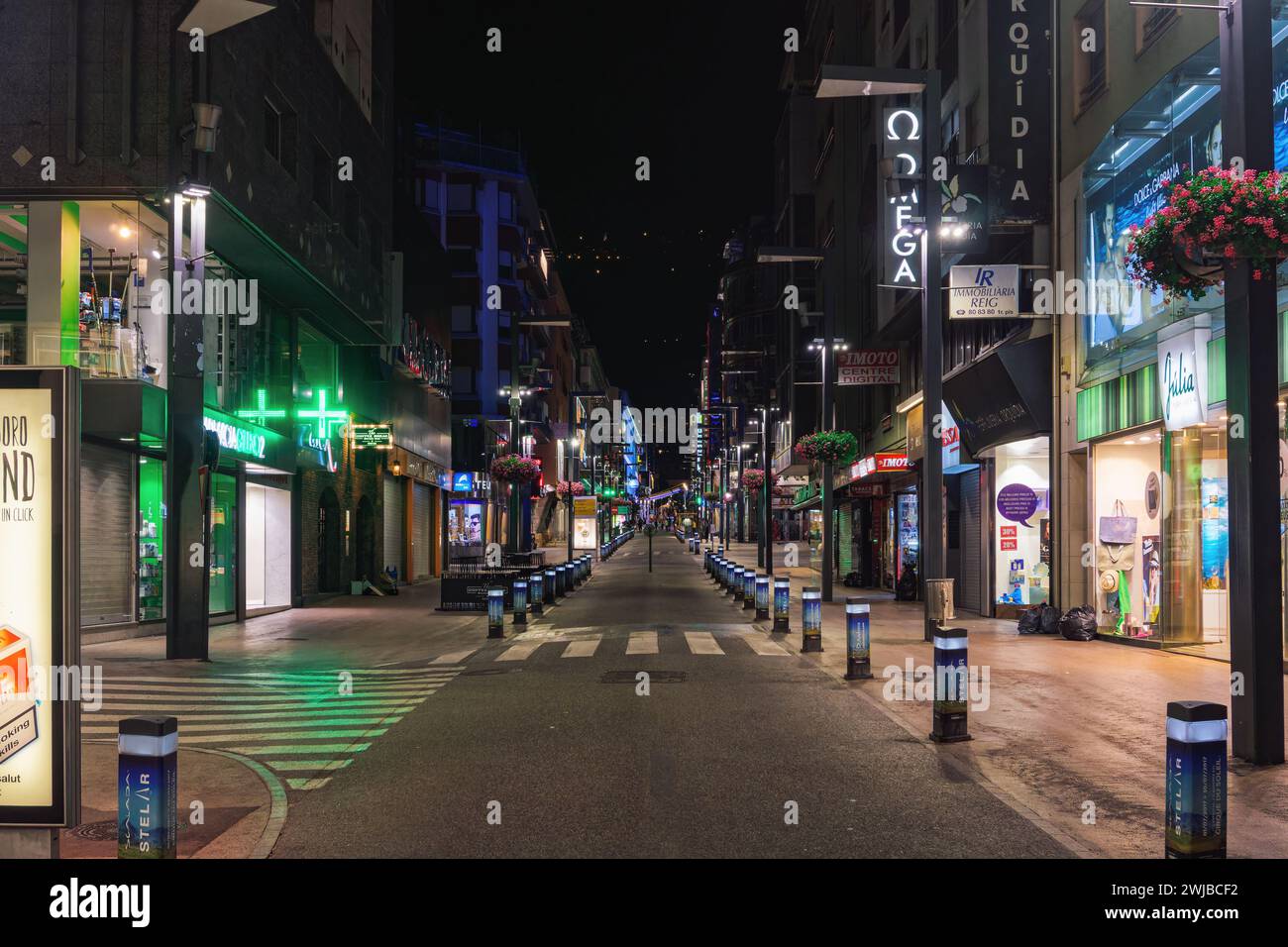 Andorra la Vella, Andorra buildings with closed shops at night in the capital of Andorra, in the ...